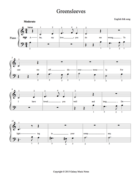 Greensleeves | Beginner piano sheet music - Galaxy Music Notes